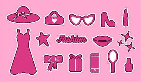 소녀들에게 인기있는 핑크 컬렉션 하트 데이지 모자 신발 나비 별 드레스 로고 스티커 분홍색 배경에 고립된 요소 인쇄 배너 엽서용 아트 벡터 그림입니다 0명에 대한 스톡 벡터