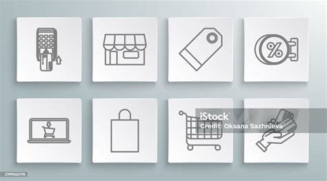 화면 노트북에 라인 쇼핑 카트 신용 카드 빈 라벨 템플릿 가격표 간판 교수형 비문 할인 퍼센트 및 Pos 터미널 삽입 아이콘을 들고 인간의 손 벡터 공란에 대한 스톡 벡터