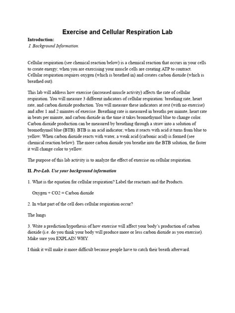 Exercise And Cellular Respiration Lab Pdf Breathing Cellular Respiration