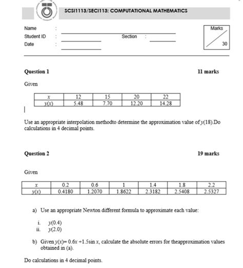 Ci Scsi1113seci113 Computational Mathematics Marks