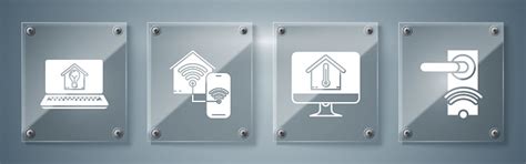 잠금 해제를 위한 무선 기술이 적용된 디지털 도어록 집 온도가 있는 컴퓨터 모니터 Wifi가 있는 스마트 홈 스마트 하우스와 전구가 있는 노트북을 설정합니다 정사각형 유리