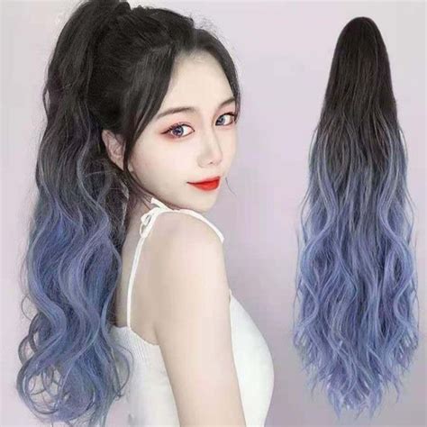 Osf66 Natural Blackandbrown Hair Extensions Gradient Blue Ponytail