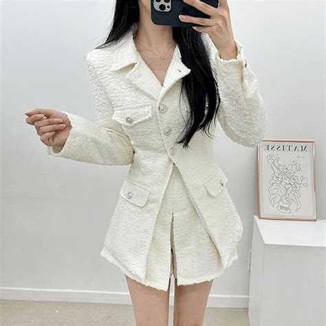 누빔안감고퀄set가격 트위드 사선 언발 카라 금장 자켓 플리츠 투피스 세트 셋업 에이블리