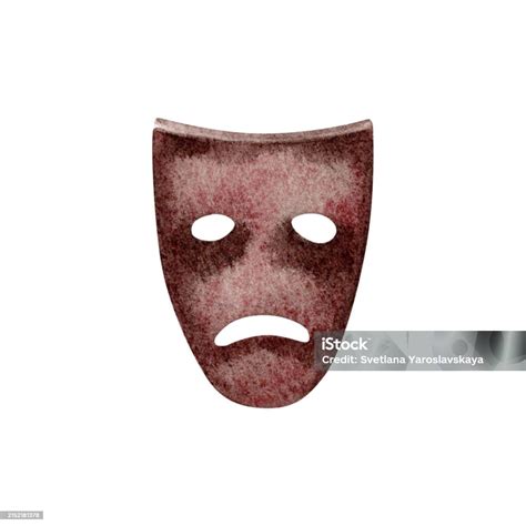 연극 배우 비극 가면 슬픈 미소 표정 손으로 그린 수채화 그림은 흰색 배경에 고립되어 있습니다 빈티지 카니발 로고 극장 뮤지컬 및 연극 공연을 위한 티켓 디자인