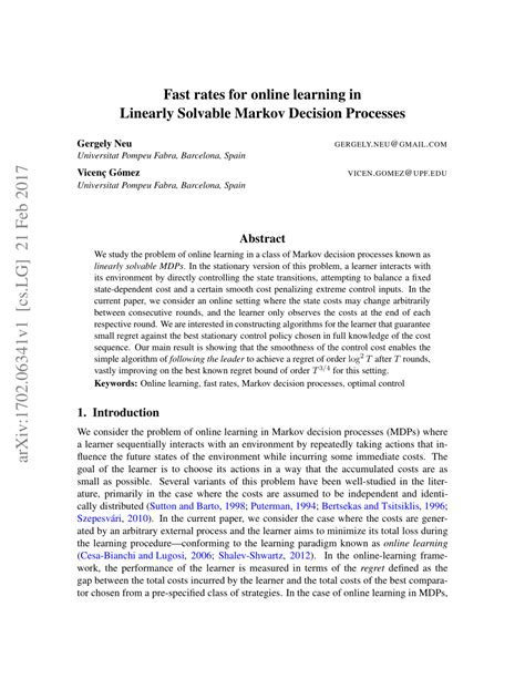 Pdf Fast Rates For Online Learning In Linearly Solvable Markov