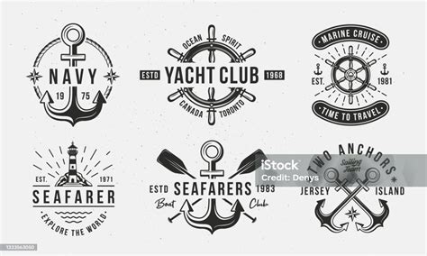 항해 빈티지 로고 세트 티셔츠 배너 포스터 디자인을 위한 해상 엠블럼 앵커 바다 바퀴 등대 아이콘 트렌디 한 힙스터 디자인 해양