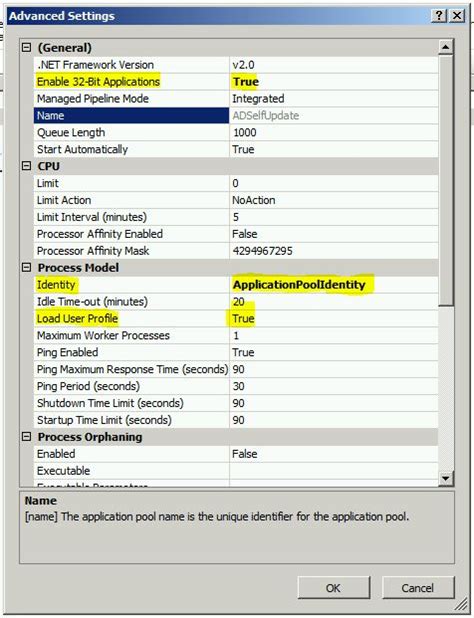 Application Pool Settings For Ad Self Update Dovestones Software