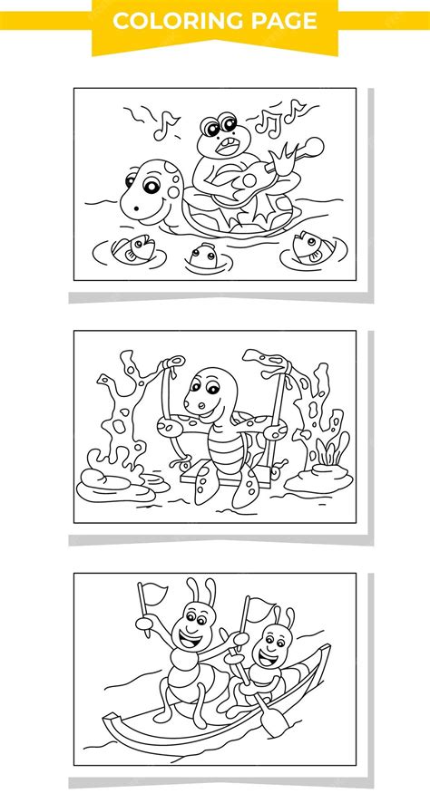 색칠 공부 페이지 만화 개구리 거북이와 개미 벡터 일러스트 레이 션 프리미엄 벡터