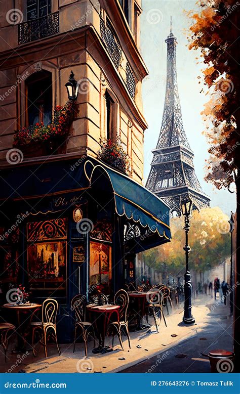 Parisian Street Cafe With View Of The Eiffel Tower Vector Illustration