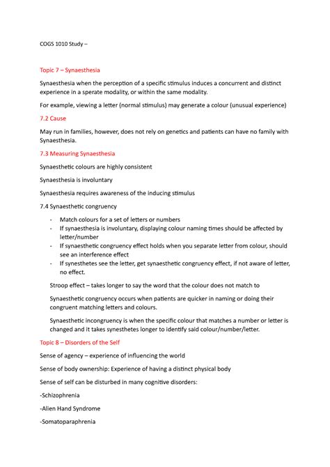 COGS Study Notes For Mid Semester Exam COGS Study Topic Synaesthesia Studocu
