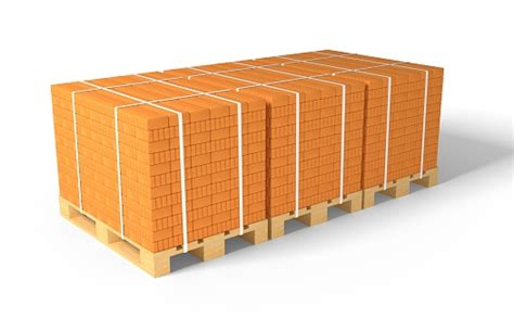 흰색 배경에 벽돌이 분리된 3d 렌더링 그림 팔레트 나무 배송 팔레트에 쌓여 현실적인 새로운 붉은 벽돌 집과 벽 건설을위한 점토 벽돌 건축 자재 블록에 대한 스톡 사진 및