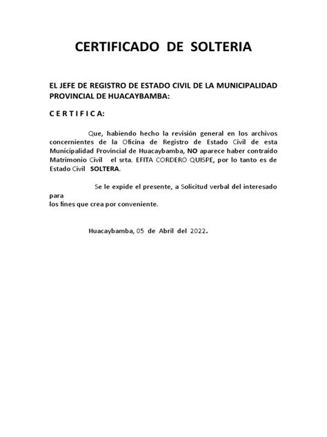 Certificado De Solteria Pdf