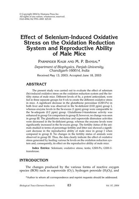 Pdf Effect Of Selenium Induced Oxidative Stress On The Oxidation