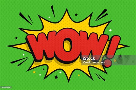 코믹 스피치 효과 와우 녹색 배경에 팝 아트 스타일의 벡터 만화 일러스트 경외감에 대한 스톡 벡터 아트 및 기타 이미지 경외감 슈퍼히어로 Onomatopoeia
