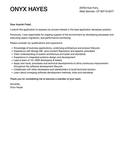 Lead Application Developer Cover Letter Velvet Jobs