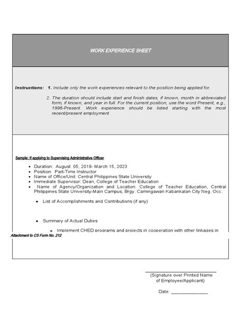 Cs Form No 212 Attachment Work Experience Sheet Pdf
