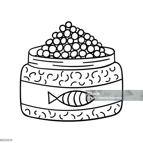 연어 또는 다른 생선 알 항아리 흰색 배경에 격리 된 손으로 그린 스케치 음식 그림을 윤곽선입니다 검정 흰색 벡터 Salty Snack에 대한 스톡 벡터 아트 및 기타