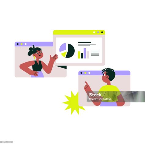 화상 통화에서 차트 및 데이터에 대해 논의하는 전문가와의 가상 비즈니스 회의 온라인 프레젠테이션 및 원격 협업에 대한 고립된 벡터 그림 경영자에 대한 스톡 벡터 아트 및