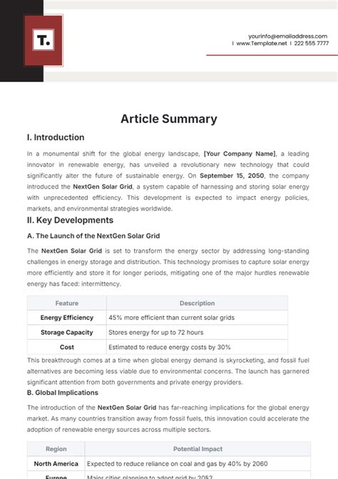 Free Article Summary Template To Edit Online