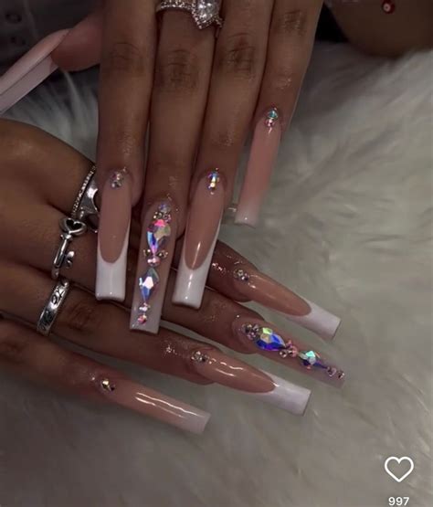 Acrylic Nails Long Medium Coffin Square French Tip Jewels Baddie Pretty Glam Acrylic Nails