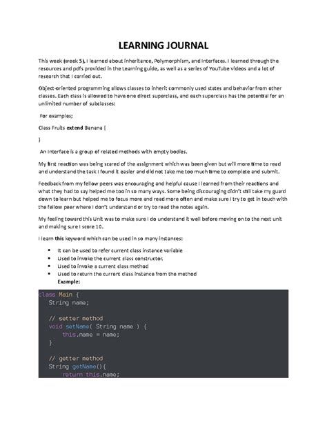 Learning Journal UNIT 5 CS 1102 01 Programming 1 Java LEARNING JOURNAL This Week Week 5 I