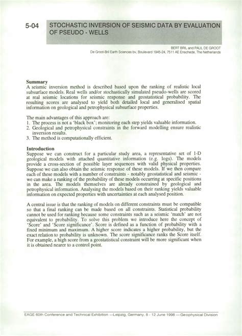 Pdf Stochastic Inversion Of Seismic Data By Evaluation Of Pseudo Wells