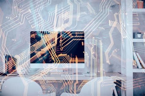 Premium Photo Double Exposure Of Tech Theme Drawings And Office Interior Background Technology