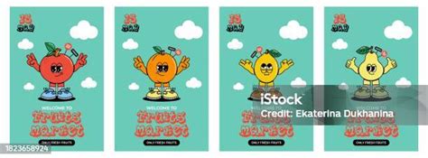 귀여운 캐릭터 사과 복숭아 레몬 배 그루비 만화 스타일 사이키델릭한 미소와 감정이 담긴 빈티지 포스터 70 년대 80 년대 복고풍 마스코트 펑키 벡터 일러스트 레이 션 0