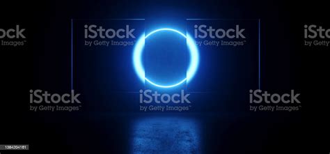 공상 과학 소설 네온 빛나는 서클 사이버 레이저 조명 뒤에 서리가 내린 유리 패널 에 어두운 그런지 시멘트 콘크리트 지하 터널 복도 스튜디오 격납고 3d 렌더링 0명에 대한