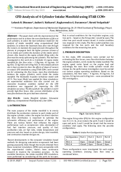 Pdf Irjet Cfd Analysis Of 4 Cylinder Intake Manifold Using Star Ccm