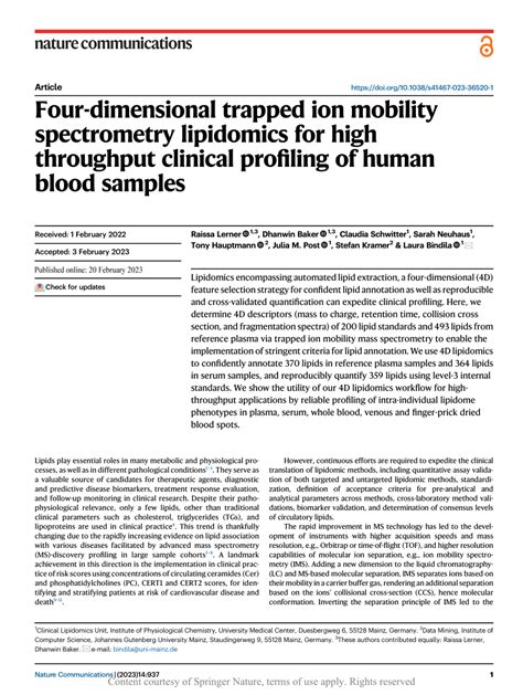 Pdf Four Dimensional Trapped Ion Mobility Spectrometry Lipidomics For High Throughput Clinical