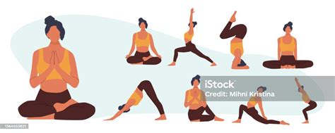 요가 와 피트니스 운동을하고 슬림 스포츠 젊은 여성의 세트 건강한 라이프 스타일 다양한 요가 위치를 보여주는 여성 캐릭터의