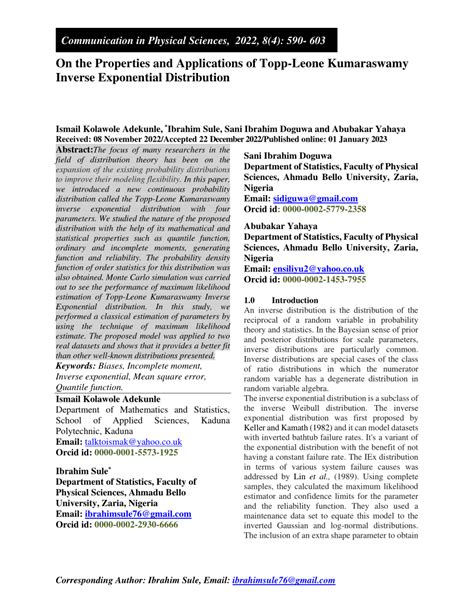 Pdf On The Properties And Applications Of Topp Leone Kumaraswamy Inverse Exponential Distribution