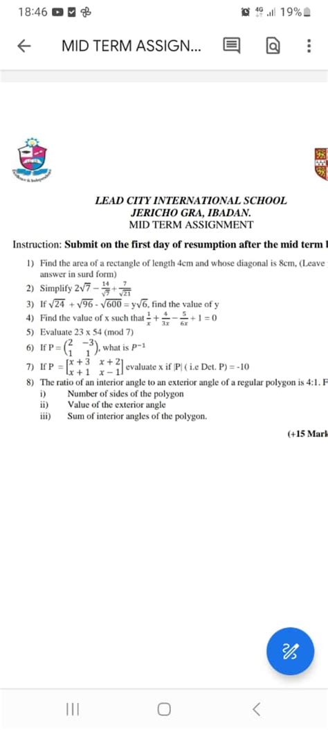 1846 Id 19 MID TERM ASSIGN LEAD CITY StudyX