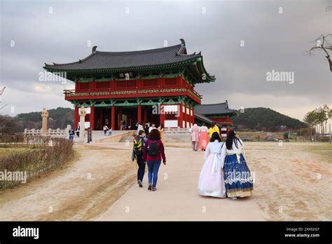 Gyeongju South Korea March 26 2023 Tourists In Traditional Hanbok Clothes Visit Historic