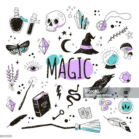 마법의 손으로 그린 낙서 세트 벡터 아이콘 컬렉션 요술 기호 물약 크리스탈 두개골 마법 책 가마솥 까마귀 빗자루 마술 지팡이 룬