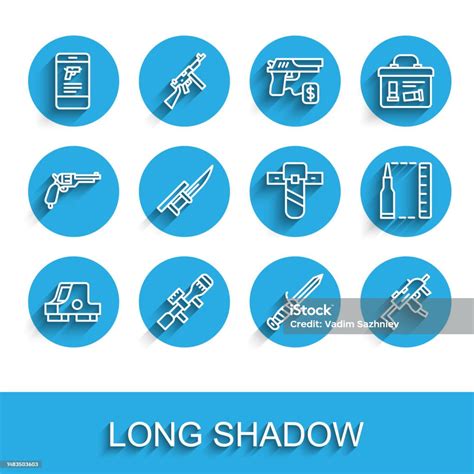 라인 콜리메이터 조준기 스나이퍼 광학 모바일 앱의 상점 무기 군용 칼 Mp9i 기관단총 총검 소총 총알 및 칼 권총 아이콘 설정 벡터 강철에 대한 스톡 벡터 아트 및 기타