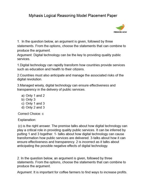 Mphasis Logical Reasoning Model Placement Paper Pdf
