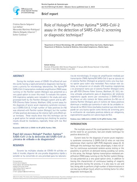 Pdf Role Of Hologic® Panther Aptimatm Sars Cov 2 Assay In The