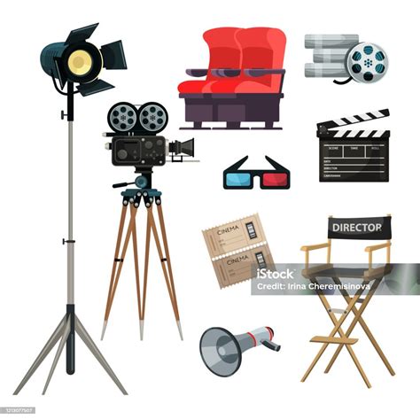 시네마토그래피 항목 벡터 일러스트 세트 영화 감독 영화 제작 시네마 티켓 3d 안경 필름 스트립 테이프 감독 의자 클립 아트