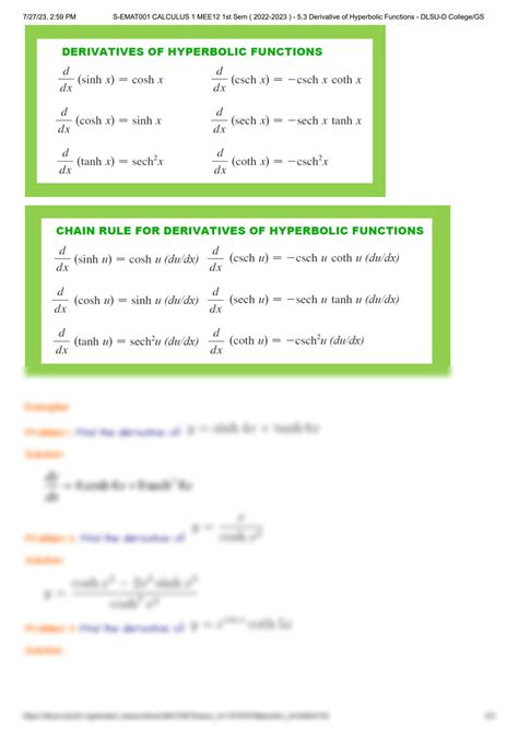 SOLUTION Calculus Derivative Of Hyperbolic Functions Studypool