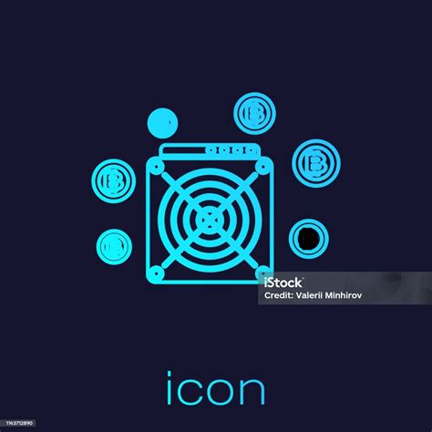 터키석 Asic 광부 라인 아이콘 파란색 배경에 고립 암호 화폐 채굴 장비 및 하드웨어 애플리케이션별 집적 회로 벡터 일러스트