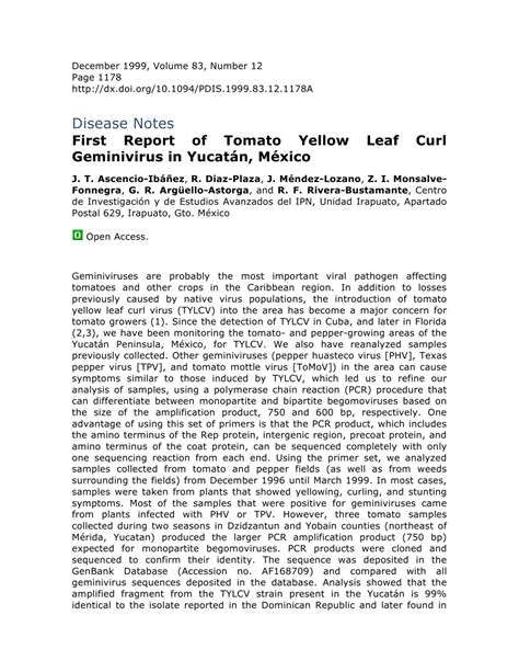 Pdf First Report Of Tomato Yellow Leaf Curl Geminivirus In Yucatán