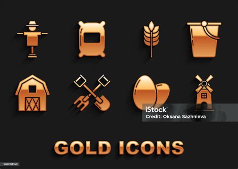 삽과 갈퀴 양동이 풍차 닭고기 달걀 농장 집 개념 쌀 밀 옥수수 귀리 호밀 허수아비 밀가루 봉지가 있는 곡물을 설정합니다 벡터 가을에 대한 스톡 벡터 아트 및 기타 이미지