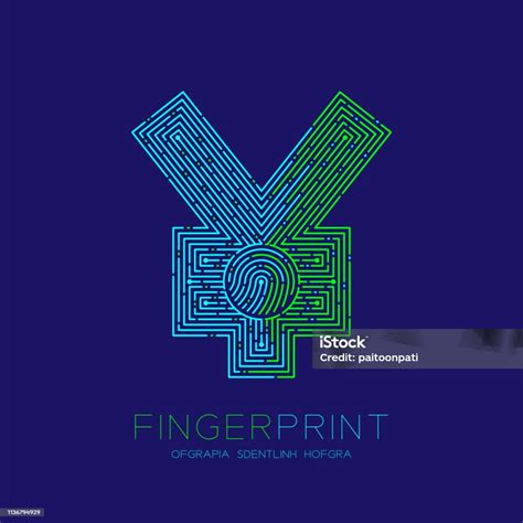 통화 Jpy 서명 지문 스캔 패턴 로고 대시 라인 디지털 암호 화폐 개념 지문 텍스트와 파란색 배경에 고립 된 편집 가능한