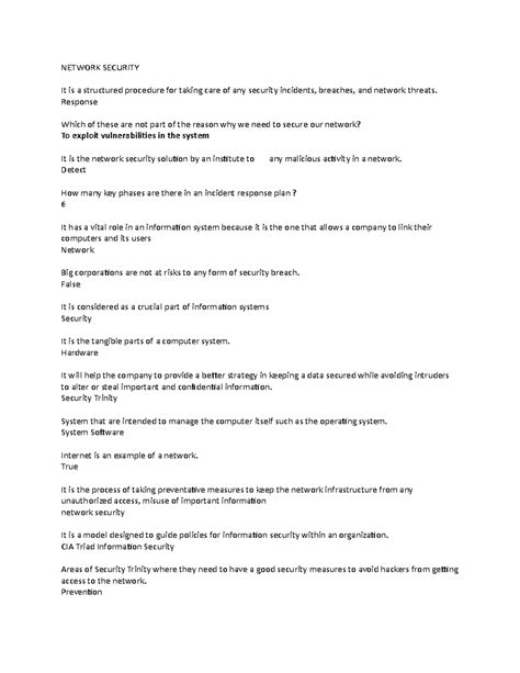 Network Security Prelim Quiz NETWORK SECURITY It Is A Structured Procedure For Taking Care Of