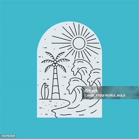 해변에서 파도가 치는 코코넛과 서핑 보드는 배지 패치 엠블럼 그래픽 벡터 아트 티셔츠 디자인을위한 모노 라인 아트로 제공됩니다 0명에 대한 스톡 벡터 아트 및 기타 이미지