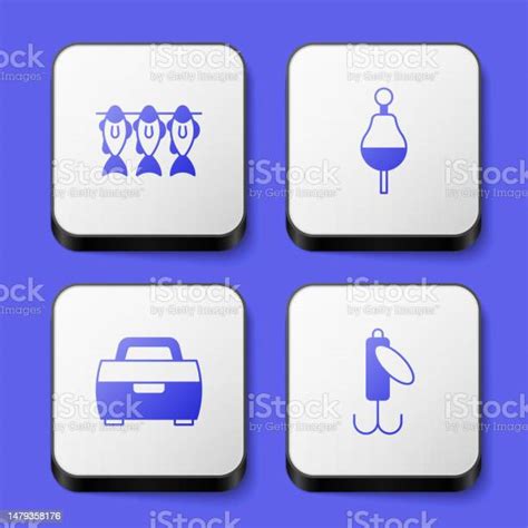 말린 생선 낚시 플로트 낚시 장비 및 미끼 아이콘을위한 케이스 또는 상자를 설정합니다 흰색 사각형 버튼 벡터 강에 대한 스톡 벡터 아트 및 기타 이미지 Istock