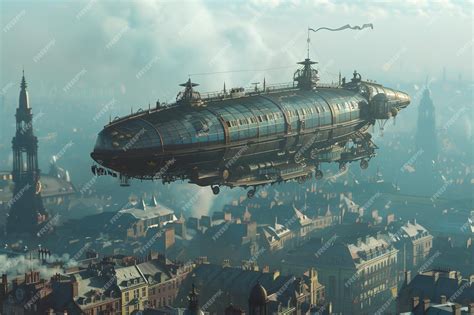 Premium Photo Steampunk Airship Floating Above A Victorian City