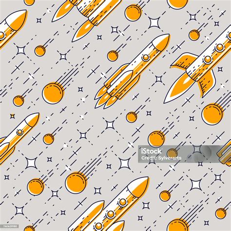 로켓 별과 혜성 아이들을위한 코스모스 환상적이고 아름다운 섬유 직물 끝없는 타일링 패턴 벡터 일러스트 만화 모티브와 원활한 공간 배경 경외감에 대한 스톡 벡터 아트 및 기타